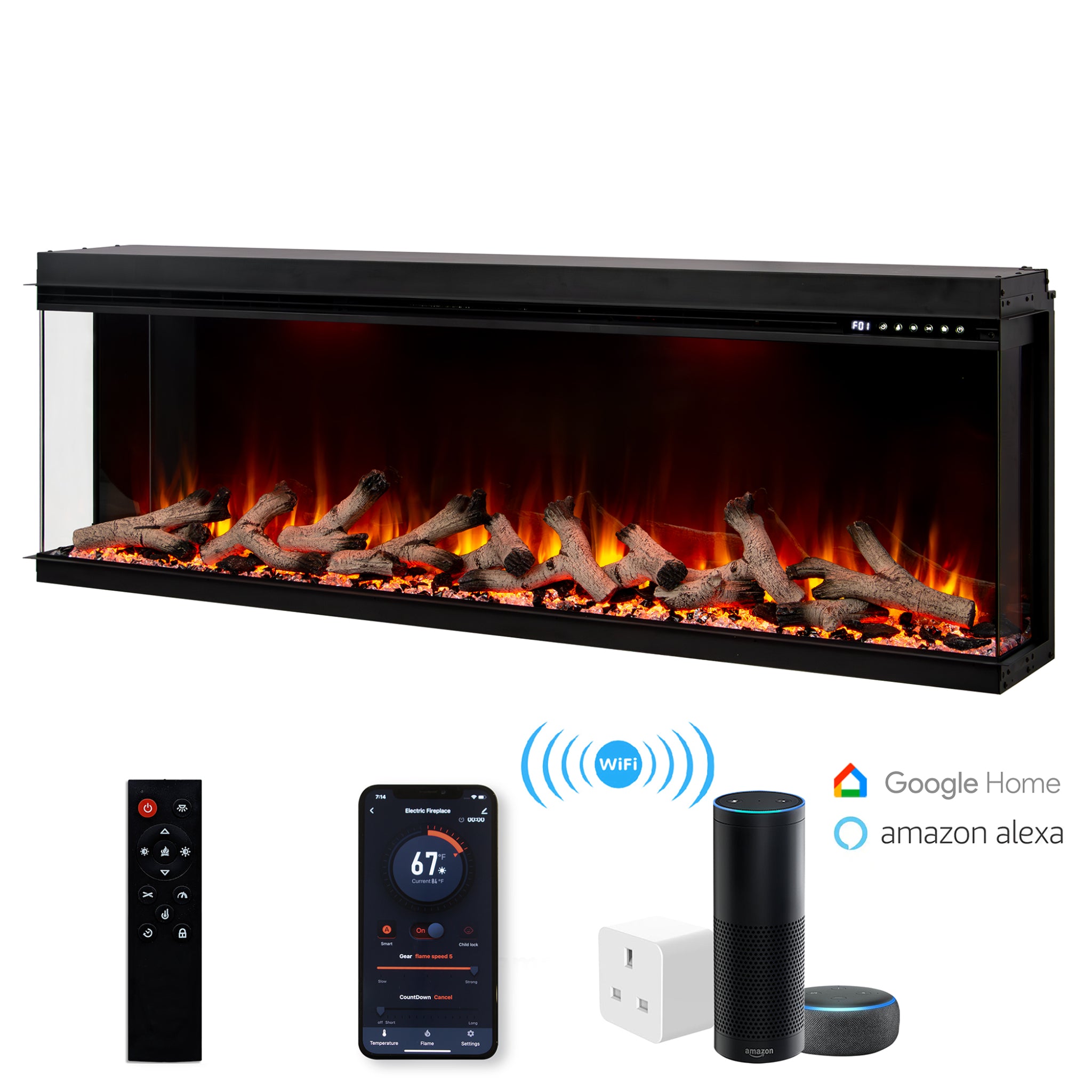 Panoramic Smart WiFi Media Wall Fire – 1/2/3 Sided Electric Fireplace Compatible with Alexa & 3D ...